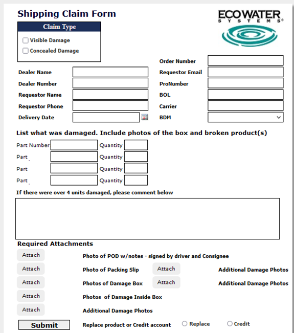 Freight Damage / Missing Items Claim – EcoWater Systems