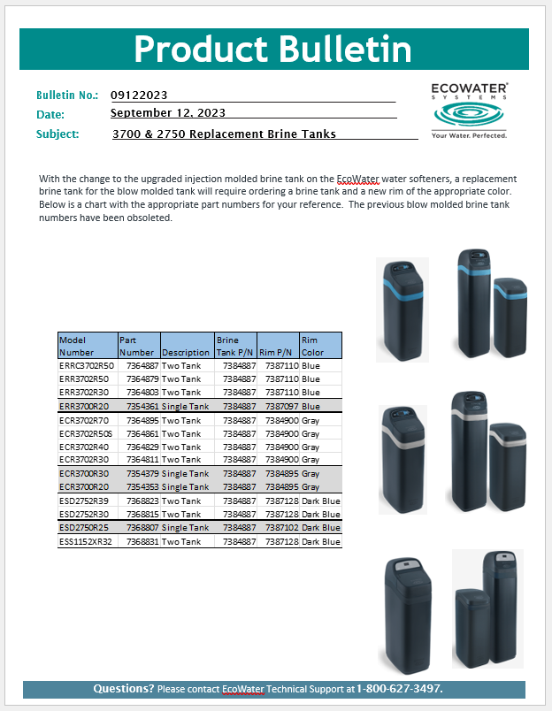 2023 Bulletin - 3700 Replacement Brine Tank – EcoWater Systems