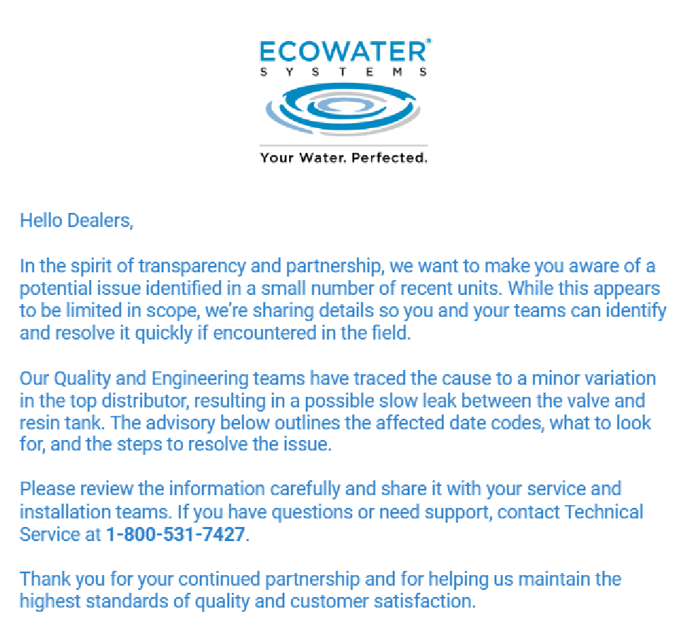 2025 Bulletin - Top Distributor Leak - Field Advisory – EcoWater Systems