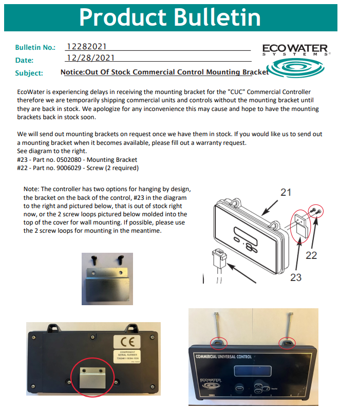 2021 Bulletin - Commercial Control Mounting Bracket – EcoWater Systems